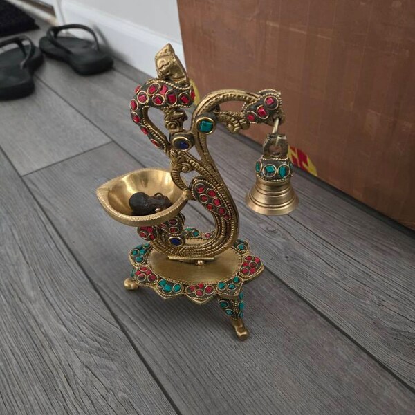 Brass Diya With Mosaic Stonework, 20 Cm Parrot Design Brass Oil Lamp ...