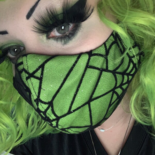 Green Spider Web Lace Witchy Face Mask Reusable W/ Removable Nose Wire ...