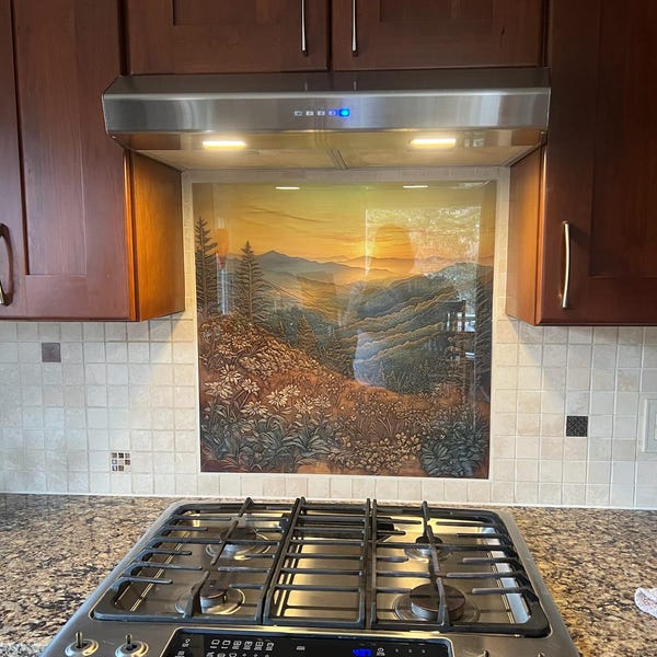 Mountain Landscape Backsplash, Floral Mountain Glass Splashback for ...