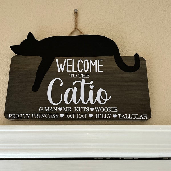 Hand Painted Welcome to the Catio Sign, Wood Cat Shaped Sign, Hanging ...