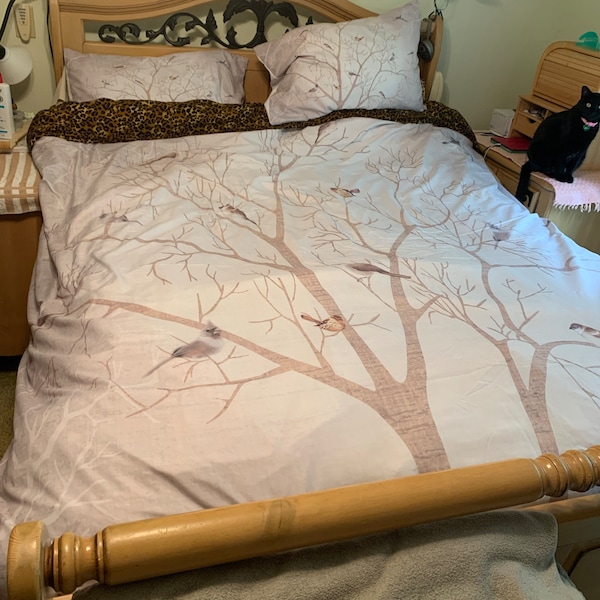 Birds Tree Branches Painting Duvet Cover Set, Grey Beige Nature ...
