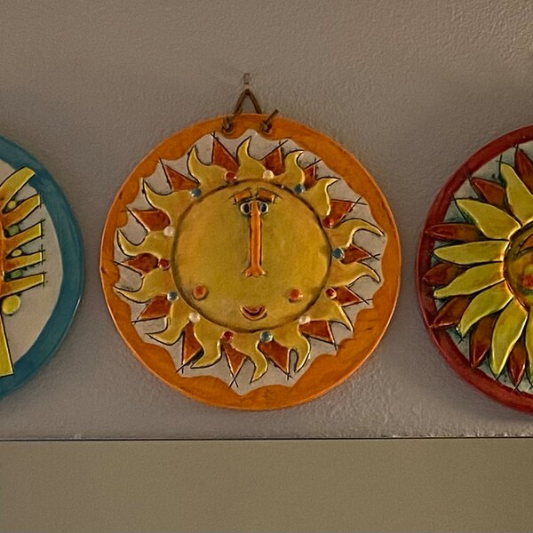 Happy Handcrafted Ceramic Sun Face, Decorative Tile, Whimsy Garden ...