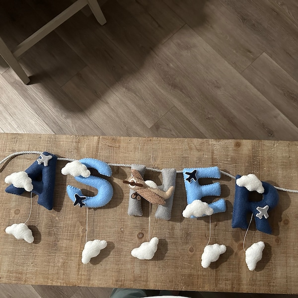 Baby Name Sign, Airplane and Clouds Nursery Decor, Felt Name Banner ...