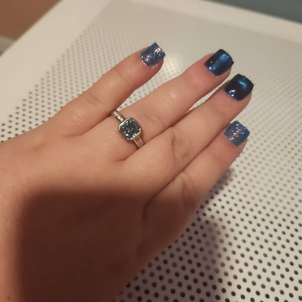 1.50 CT Cushion Cut Cyan Blue Moissanite Ring, Bezel Set, Channel Pave ...