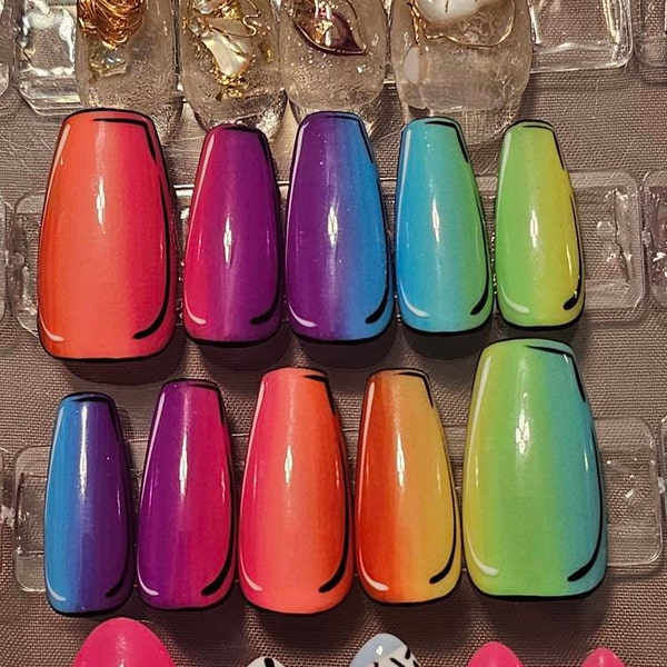 Rainbow Pop Art Nails/ Neon Press on Nails/ Handcrafted Neon Ombre ...