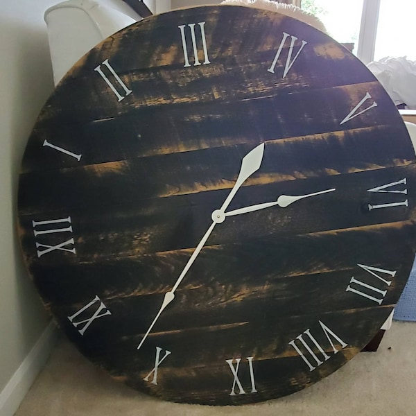 Large Wall Clock / Rustic Grey With Roman Numerals / Made From Rough ...