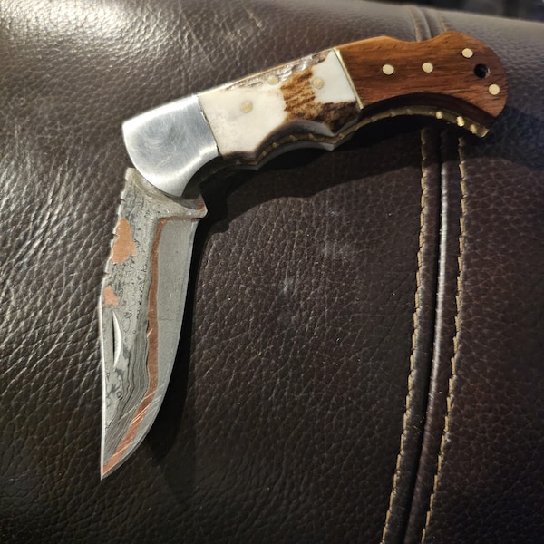 COPPER DAMASCUS HANDMADE Folding Knife, Copper Pocket Knife Ram Horn ...