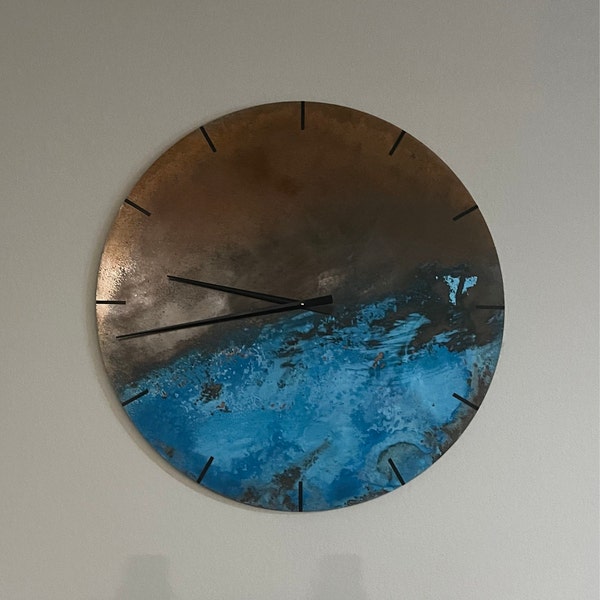 Large Wall Clock, Industrial Copper Wall Clock, Wall Art Copper, Round Clock Patina Copper, Blue ...