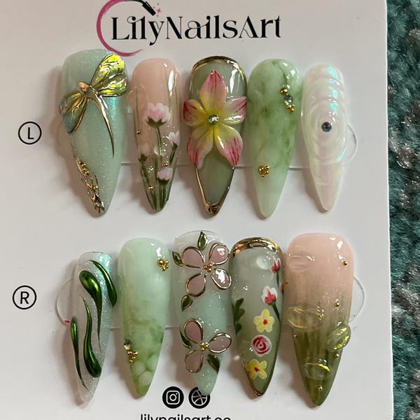Fairy Tale Flower Long Almond Press on Nails, 3D Fairycore Nails ...
