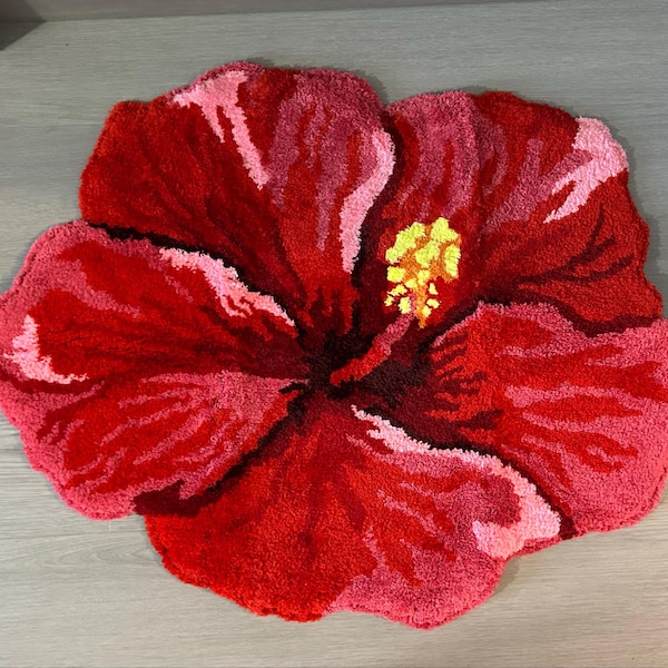 Red Hibiscus Flower Flocking Rug Floral Bath Mat Bath Mat Non-slip ...