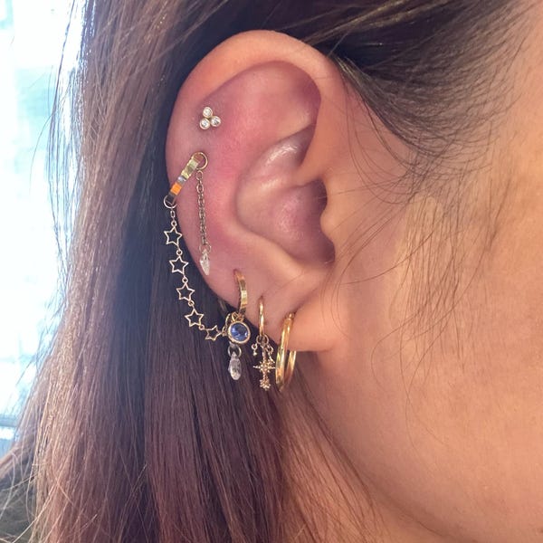 14K Solid Gold Three Stone Rook Piercing Flower Eyebrow Piercing Curved ...