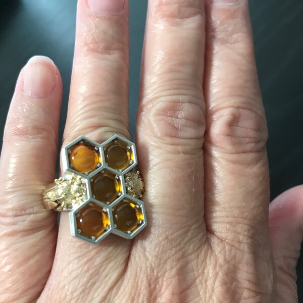 HONEY BEES Silver and 14k Gold Cocktail Ring, Amber Cluster Ring - Etsy