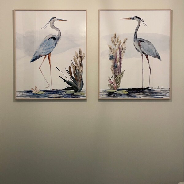 Great Blue Heron Watercolor Art Prints, Set of 2 Heron Birds, Coastal ...