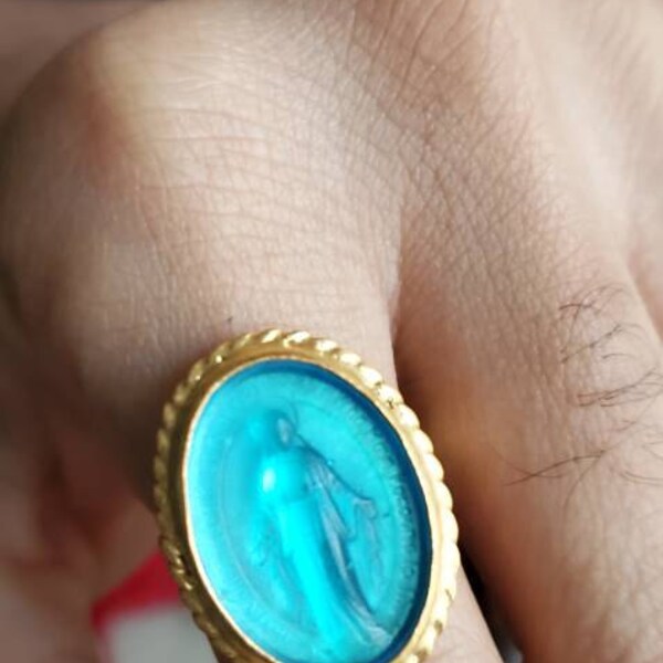 Virgin Mary Blue Intaglio Gold Ring | 24K Gold Plated 925 Sterling ...