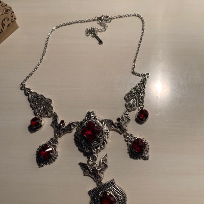 Dark Ruby Blood Red/garnet Filigree Antique Silver Vampire Winged Bat ...
