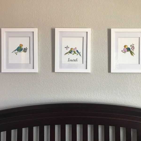 Bird Nursery Decor - Set of 3 Prints - Girl Nursery Art - Love Birds ...
