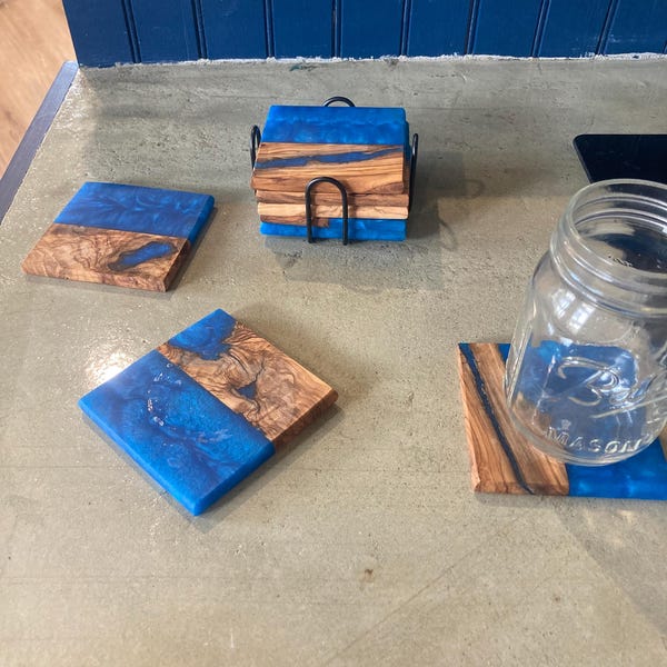 Epoxy & Olive Wood Coasters With Holder, Unique Resin Coasters ...