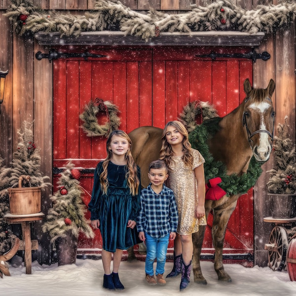 Christmas Backdrop Red Barn Double Doors Digital Backdrop Family Photo Card Composite Photoshop ...
