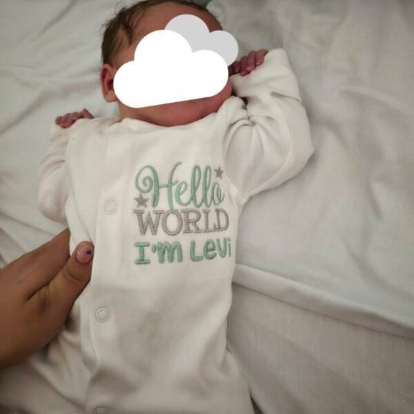 Personalised Hello World Baby Boy Sleepsuit and Hat Set, Blue and ...