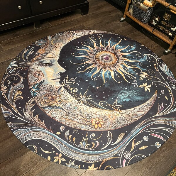 Crescent Moon & Sun Chenille Round Area Rug, Art Nouveau Design, Dark ...