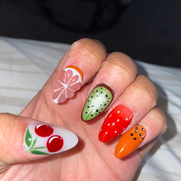 Fruit Press on Nails Short Almond, Cute/handmade/faux/false/colorful ...