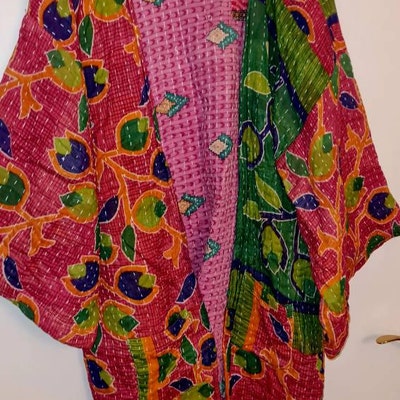 Kantha Reversible Short Length Kimono Handmade Cotton Quilted Jacket ...