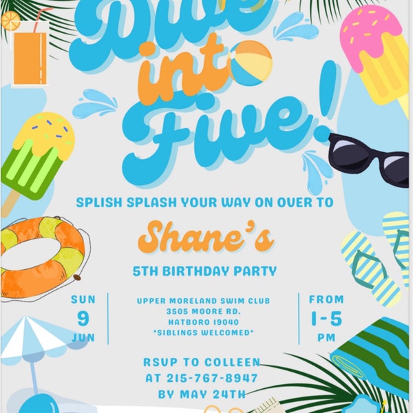 Dive Into Five Birthday Invitation. Boys 5th Birthday Party Invite ...