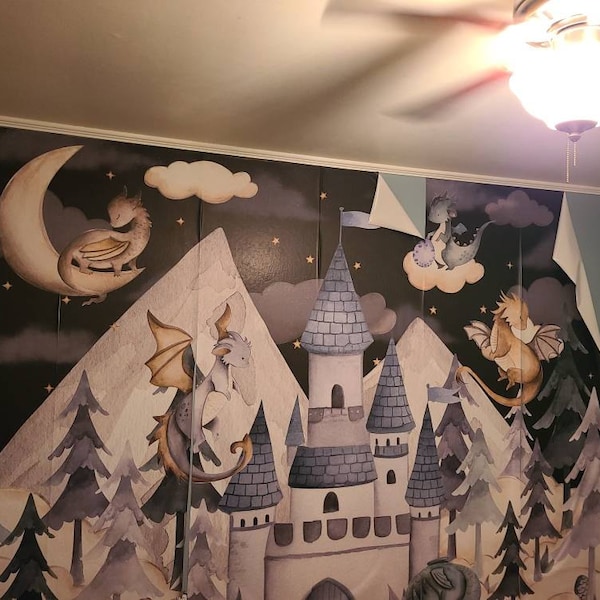 Dragon Nursery Wallpaper Fairy Castle Wall Art Sky and Clouds Forest ...