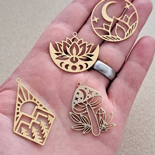 Raw Brass Round Crescent Lotus Charm, Brass Lotus Charm, Crescent Moon Pendant, Laser Cut Brass ...