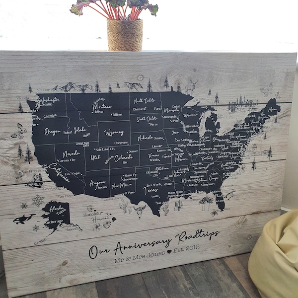 Personalised USA Travel Push Pin Map Detailed With Animals - Wood ...