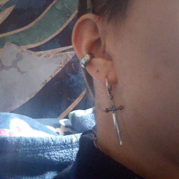 Sword Earring With Ear Cuff , Dagger Earring, Sword Hoop Earring, Hoop ...