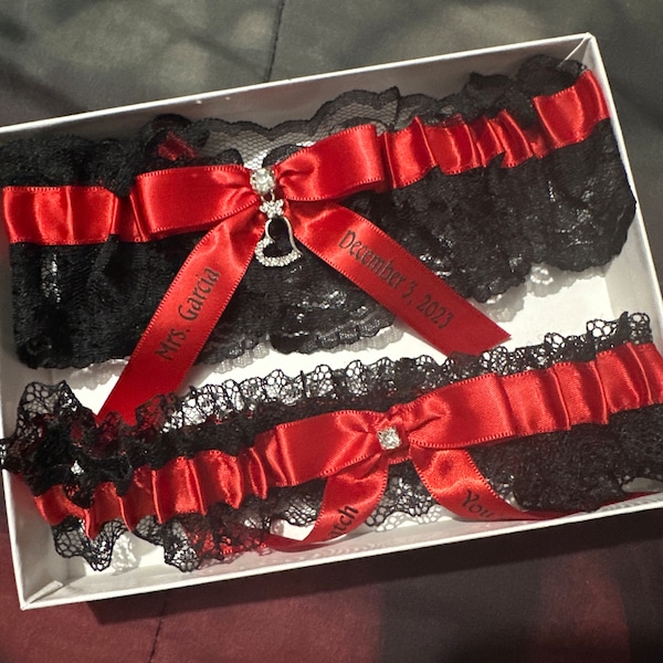 Black Lace Garter Set, Red Satin Bow, Rhinestone Hearts Charm, Heat ...