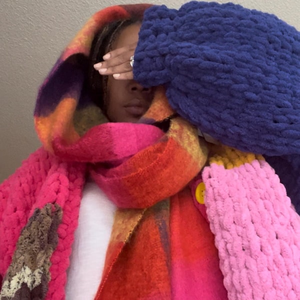 Handknit Bright Orange, Yellow, Hot Pink, and Pink Colorblock Chunky ...