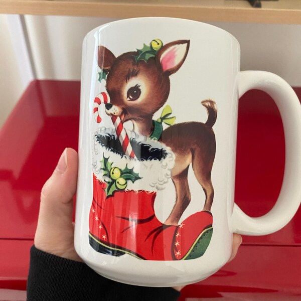 Christmas Mug Ice Skating Girl Holly Mod Retro Glossy Coffee Cup Unique ...