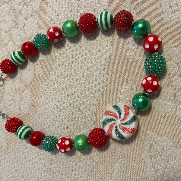 PEPPERMINT SWIRL Christmas Statement Necklace, Chunky Bracelet, Red & Green Beads, Child or ...