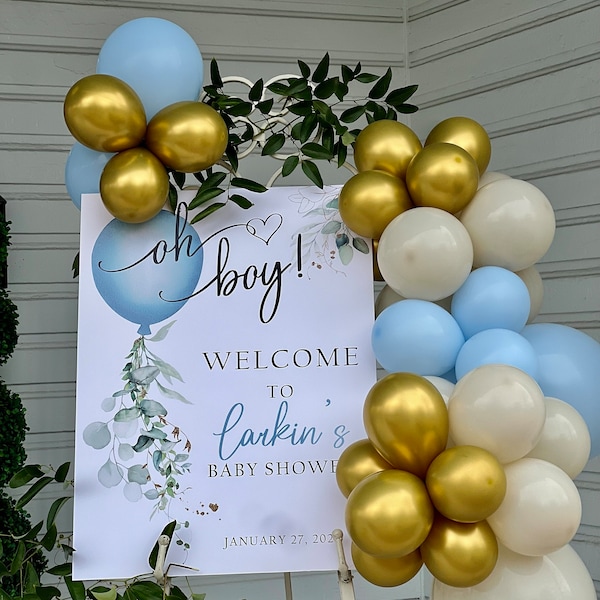 Greenery Blue Balloon Baby Shower Welcome Sign, Boy Baby Shower Sign ...