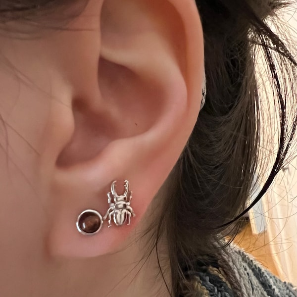 Tiny Stag Beetle Stud Earrings in Sterling Silver, Silver or Gold or Rose Gold, Beetle Earrings ...