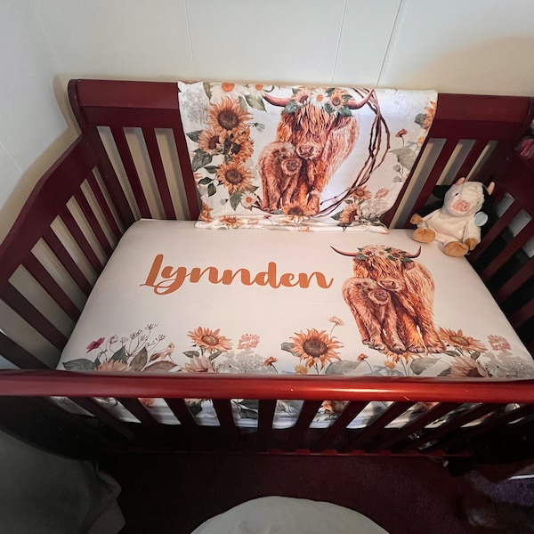 Sunflower Highland Cow Crib Bedding Set - Personalized Baby Girl ...