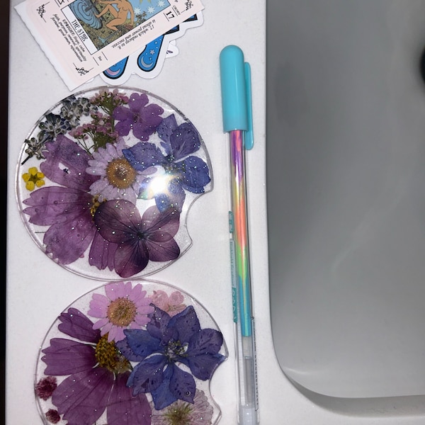 Pressed Flower Car Coasters, Set of 2, Floral Car Coasters, Car ...