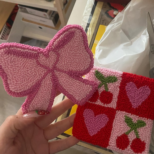 Pink Bow Coaster, Cherry Punch Needle Coaster,cherry and Bowl Mug Rugs ...