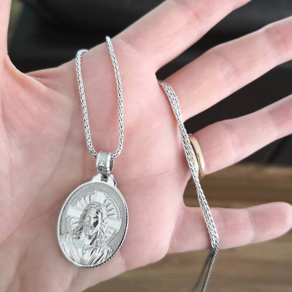 Silver Christian Jesus Mens Necklace, Christ Jesus Pendant, Religious ...