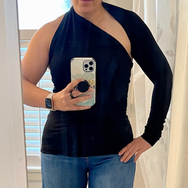 One Shoulder Top, Asymmetrical One Sleeve Top, Open Back Wrap Top, One ...
