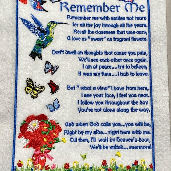 Remember Me Memorial Embroidery Design Poem With Hummingbird and ...