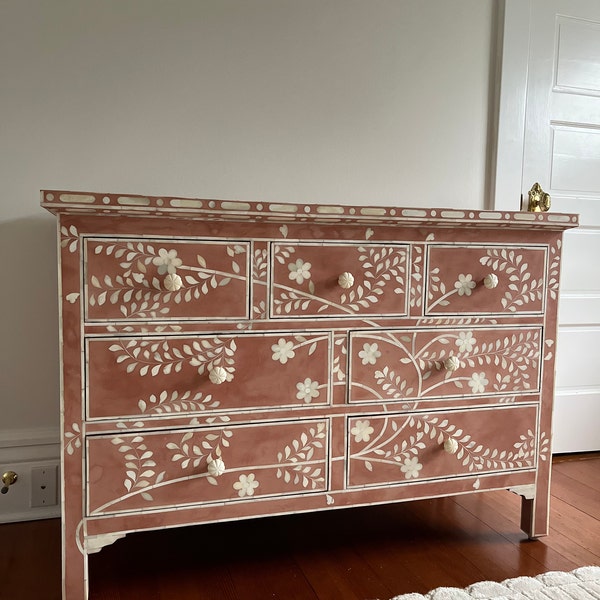 Bone Inlay Wooden Modern Floral Design Chest of Drawers Table Baby Pink ...