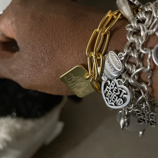 Bracelet, Paperclip Chain, Gold, Square Disc, Toggle, Personalized ...