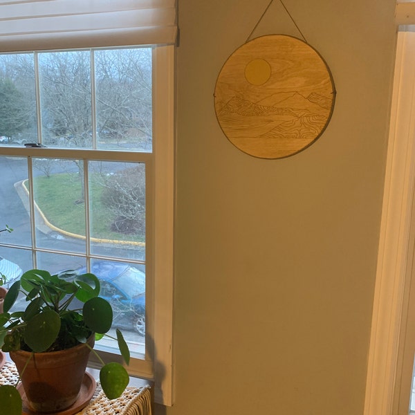 Topo Mountain Circle Wooden Wall Hanging, Topography, Mountain Art ...