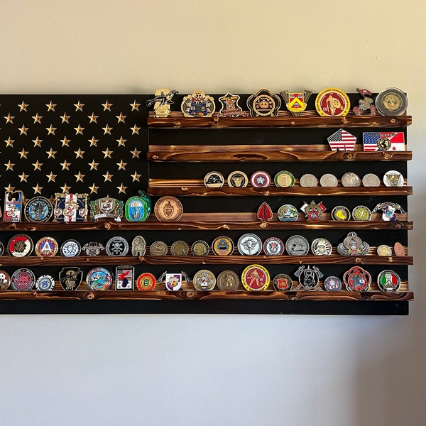 Subdued Wooden American Flag Challenge Coin Display, Holds 90-100 Coins ...