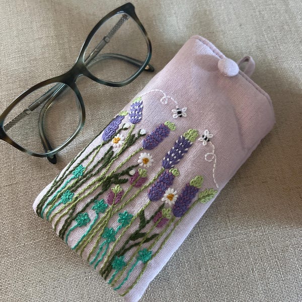 Hand Embroidered Glasses Case With Flower Embroidery, Soft Linen Padded ...