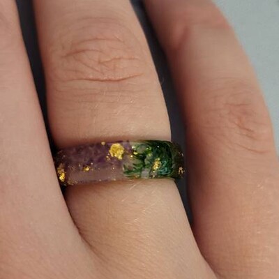 Pressed Flower Ring, Botanical Ring, Yellow Flower Ring, Green Plant ...