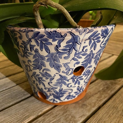 Terra Cotta Orchid Pot With Blue and White Leaf Design,handmade Ceramic ...